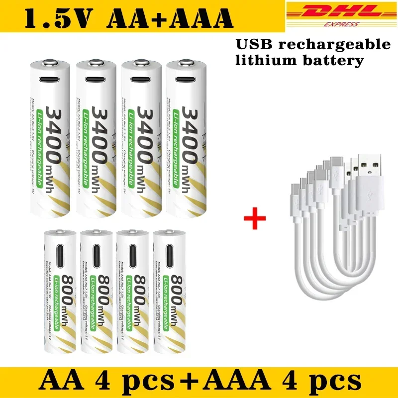 New Li-ion AAA and AA Rechargeable Batteries USB Lithium-ion 3400mWh 1 ...