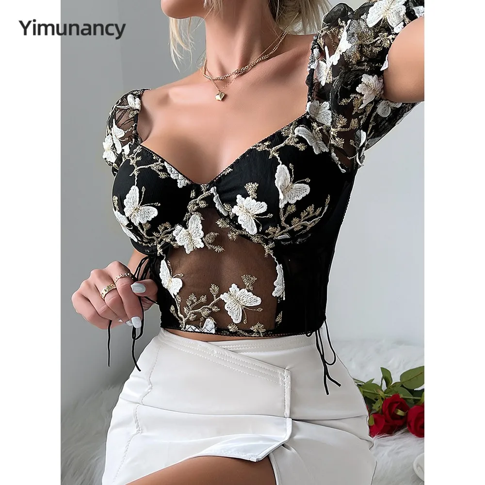 Yimunancy-Blusa bordada con mangas abullonadas para mujer, Sexy Top corto de manga corta con ...