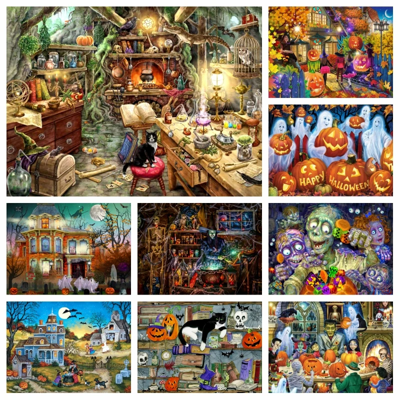 Halloween-Haunted-House-And-Witches-Art-AB-Diamond-Mosaic-Painting ...