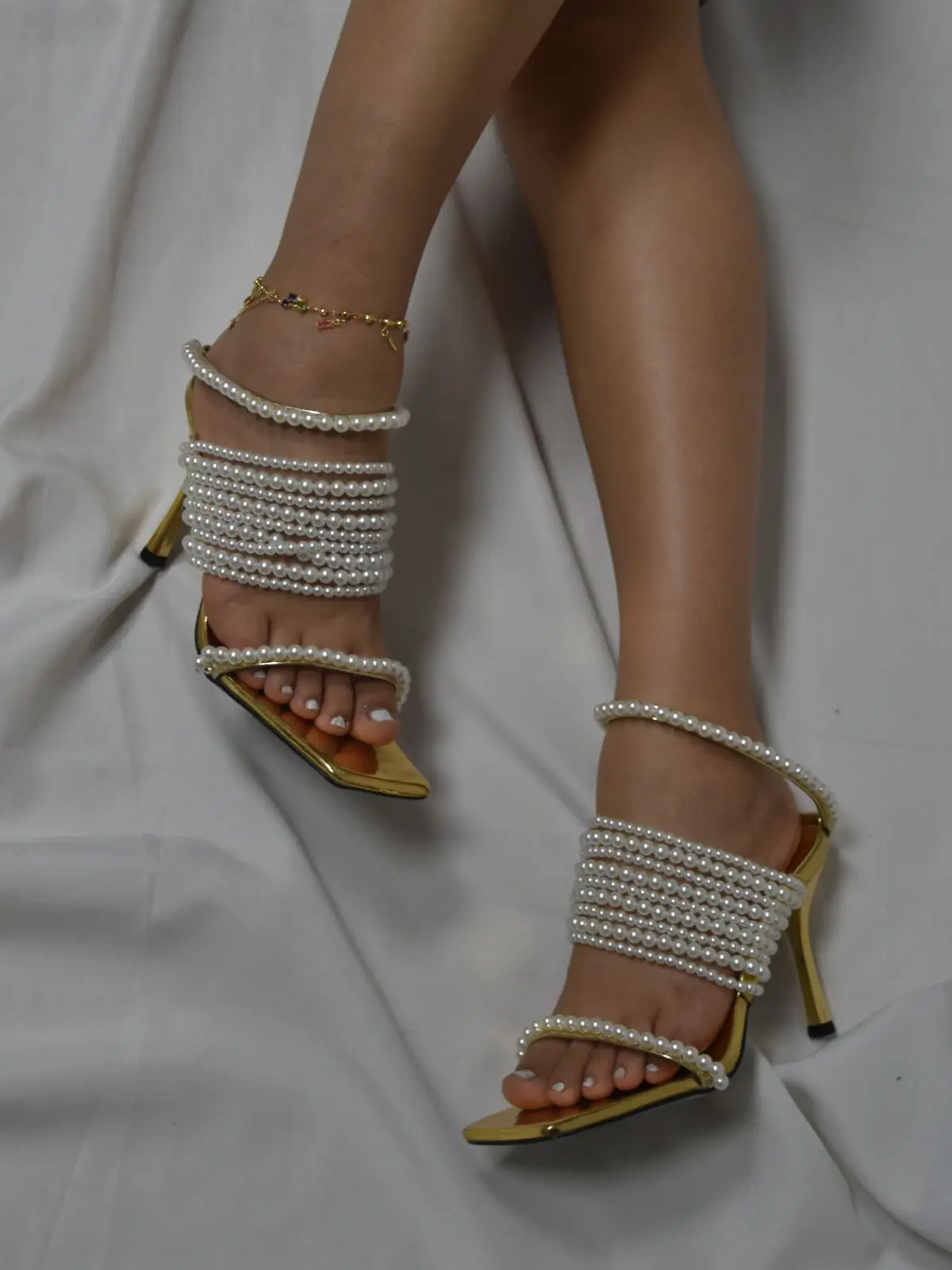 New-Gold-Square-Open-Toe-String-Bead-Pearl-Wrap-Slip-On-Thin-Heels ...