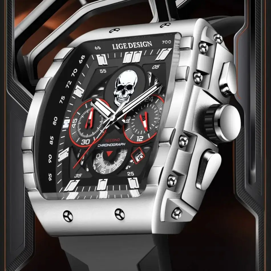LIGE-Mens-Luminous-Black-Silicone-Strap-Army-Skull-Rectangle-Dial-Face ...