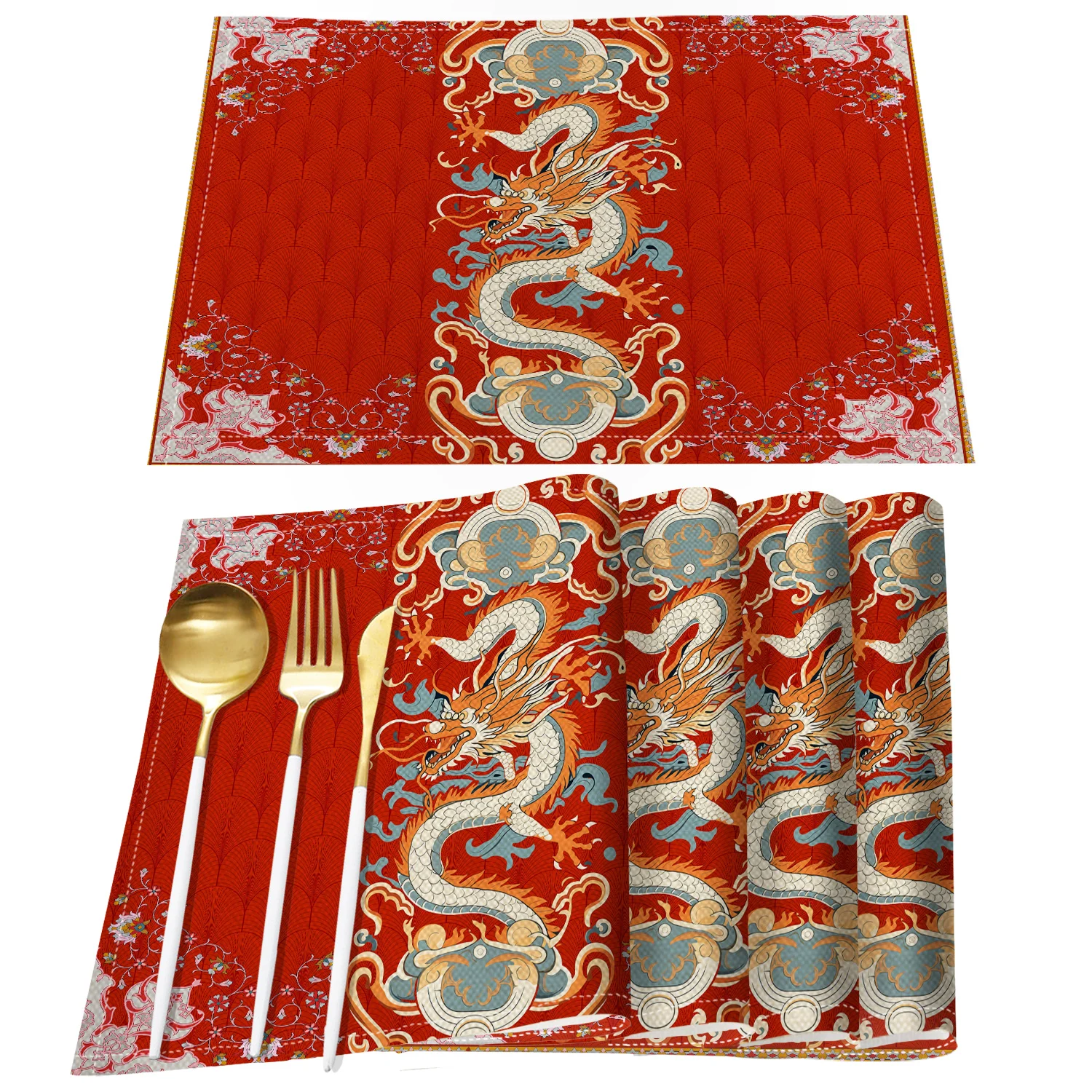 4-6pcs-Chinese-Dragon-Pattern-Linen-Placemats-For-New-Year-Party-Table ...
