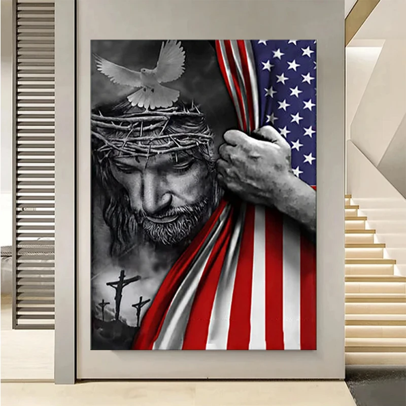 Jesus And American Flag 5D Diy Diamond Painting Full Square Round Drill ...