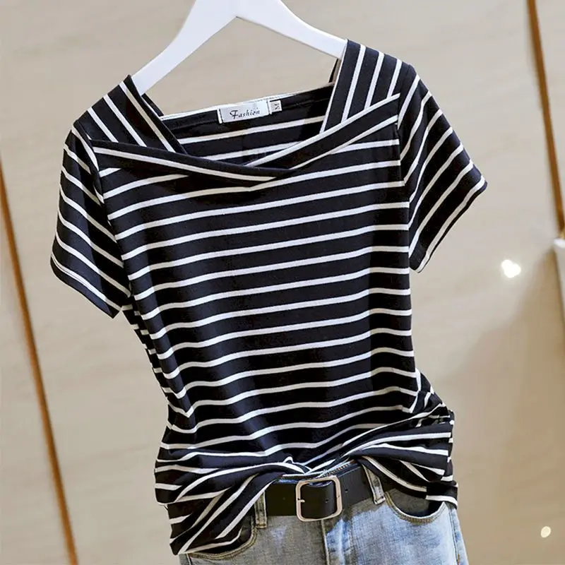 100% Cotton T Shirts Women Fashion Striped V-Neck T-Shirt Casual Short Sleeve Tops 2023 Summer ...