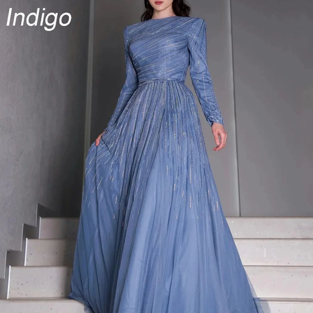 Indigo-Prom-Dresses-O-Neck-Full-Sleeves-Beads-A-Line-Floor-length ...
