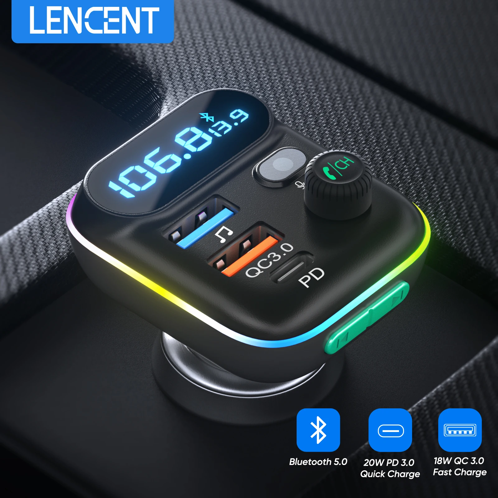 Lencent Fm Transmissor Sem Fio Bluetooth 5.0 Rádio Carro Kit Com Tipo-c ...