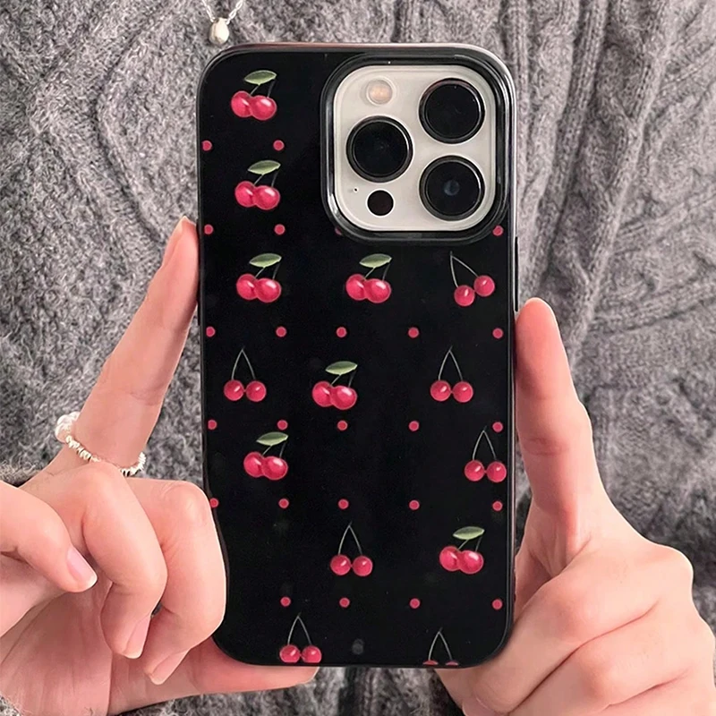 For iPhone 16 15 14 13 12 11 Pro Max Case Red Cherry Design on Black ...