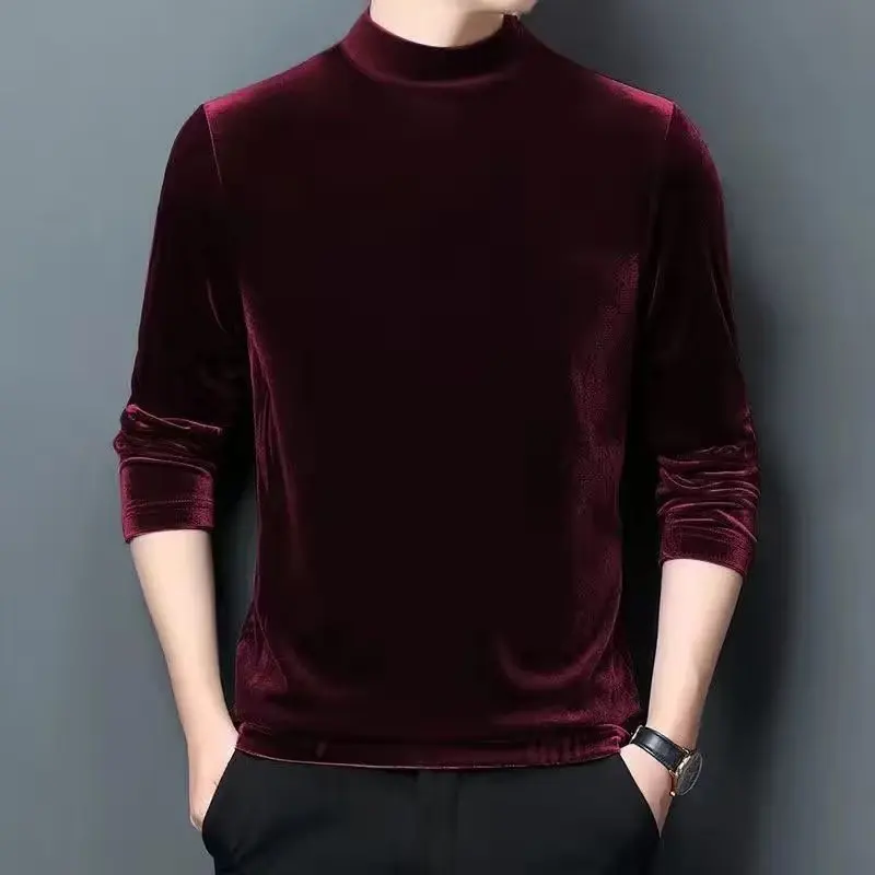 Gold Velvet Tshirt Men's Base Shirt Fleece Long Sleeve Shirt Half ...