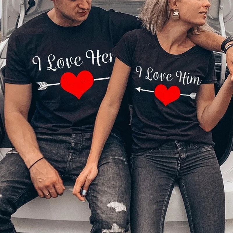 King Queen Couples T Shirt I Love Her Him Heart Print Couple Tshirt Men ...