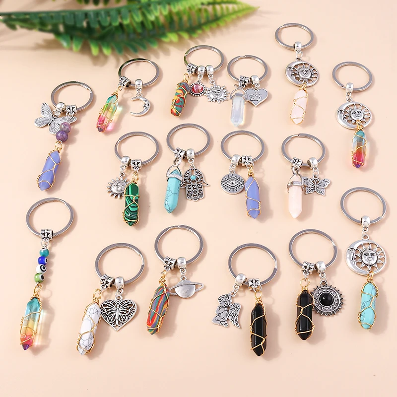 Natural-Hexagonal-Column-Stone-Keychain-Women-Men-Quartz-Opal-Crystal ...