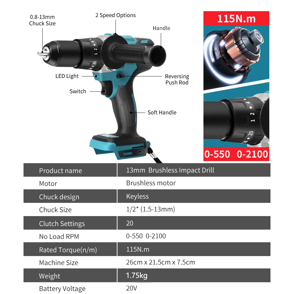 13 Mm -Es Kefe Nélküli Elektromos Ütésfúró 115N.M Vezeték Csavarhúzó ...