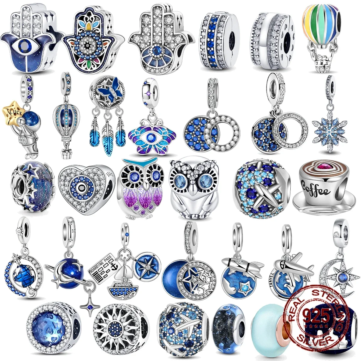 925-Sterling-Silver-Blue-series-moon-Plane-Space-series-Glass-Beads-Clip-Charm-Fit-Original ...