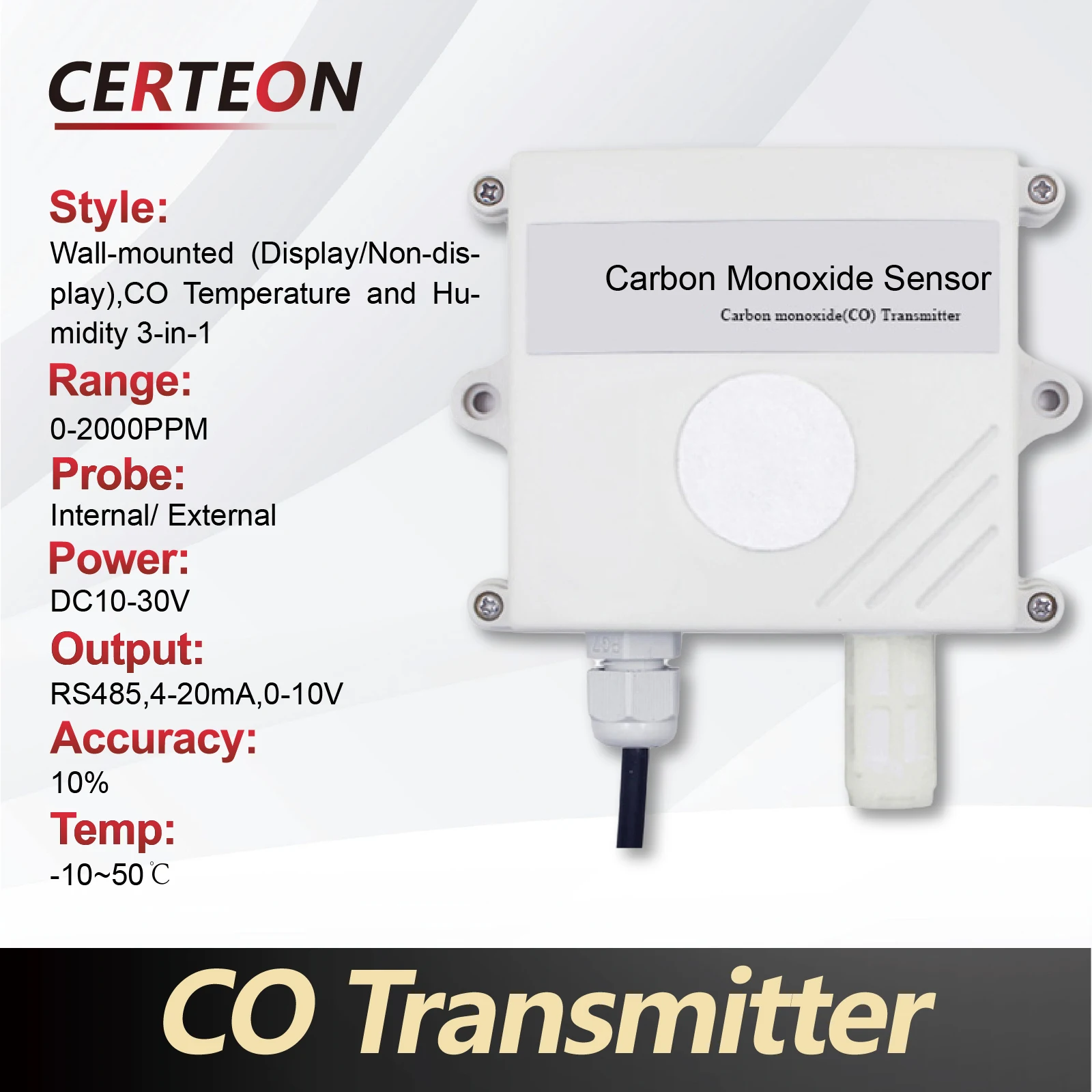 Wall-mounted Carbon Monoxide Sensor CO Gas Detector Transmitter RS485 4 ...