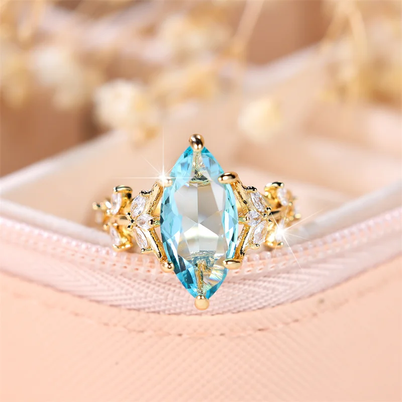 Cute Female Light Blue Zircon Stone Ring Trendy Yellow Gold Silver ...