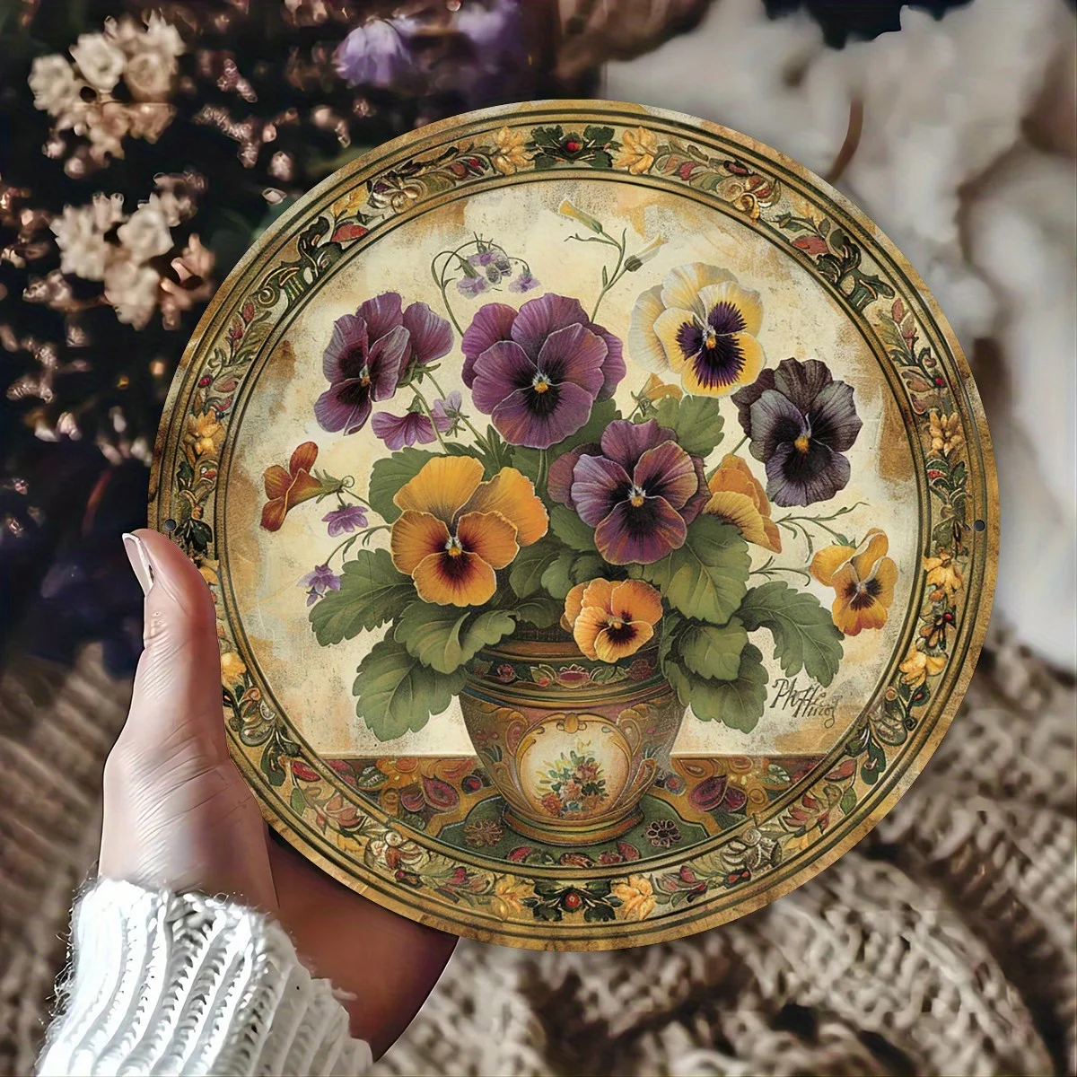 Vintage-Style Pansy Wall Art – 8" Round Aluminum Sign with Elegant ...