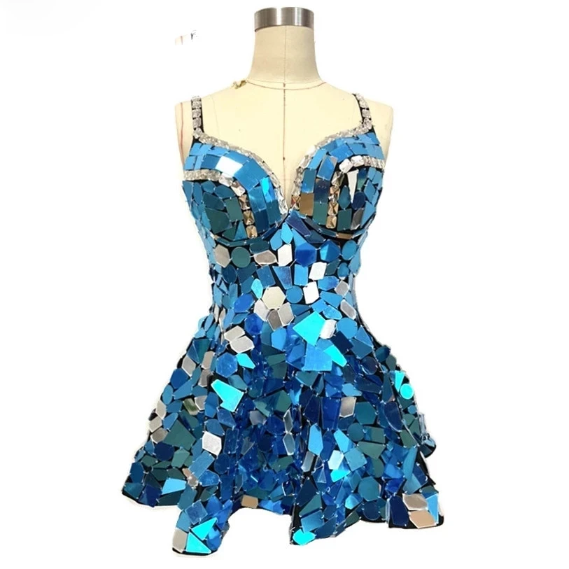 Bar Nightclub Sexy Sequin Mini Party Dress Blue Gold Silver Mirror ...