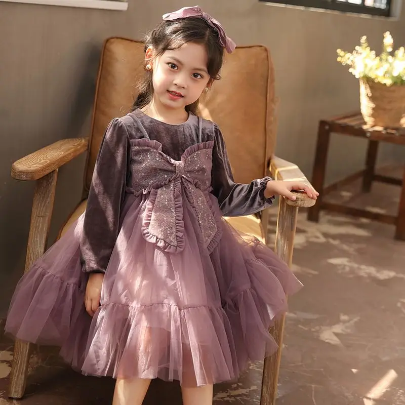 Autumn-Spring-Warm-Thick-Girls-Purple-Long-sleev-Cute-Gauze-Dress-Bows ...