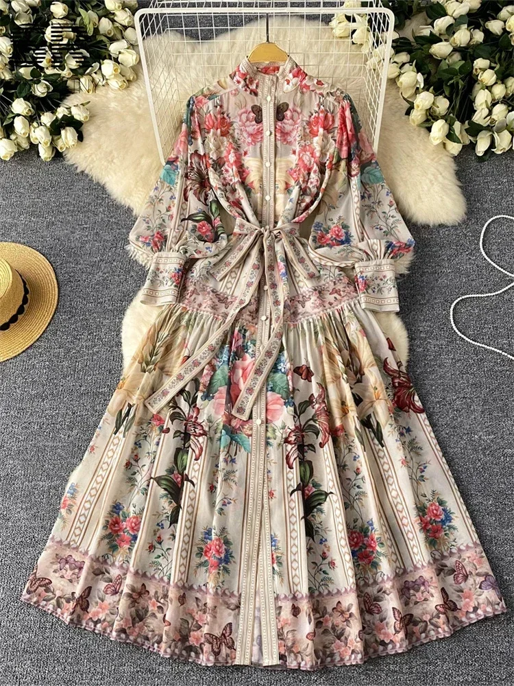 France Fashion Vintage Senior Print Dress Women Lantern Sleeve Single ...