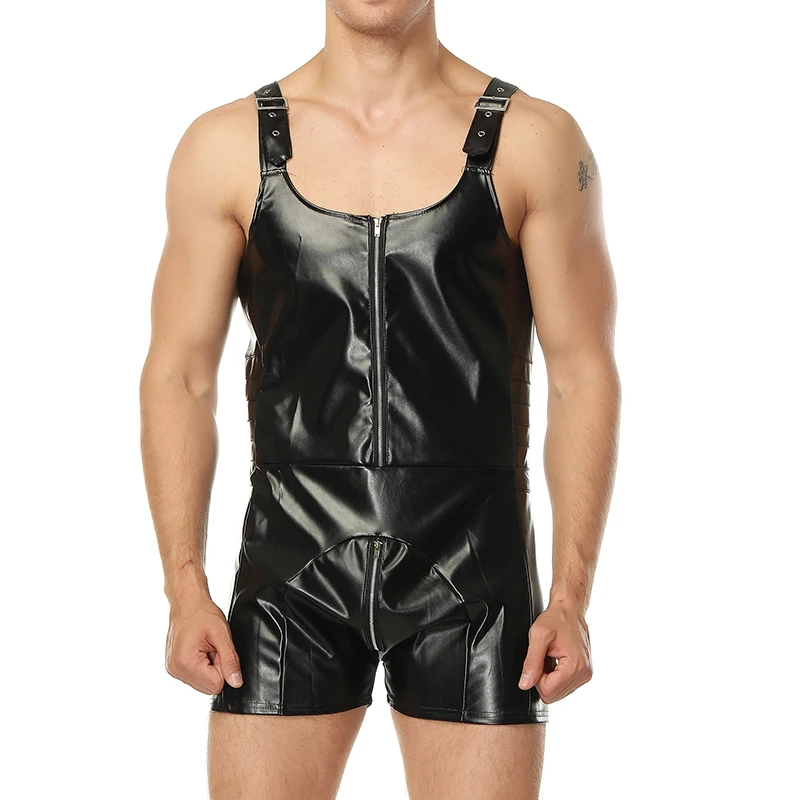 2XL-Sexy-Men-Bodysuits-Leotard-PU-Leather-Sleeveless-Jumpsuits-Shorts ...