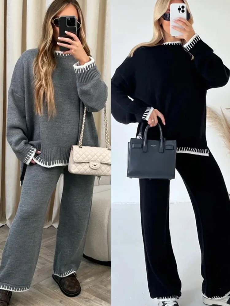 Casual-Contrast-Knitted-Pant-Sets-For-Women-Loose-O-neck-Long-Sleeve ...