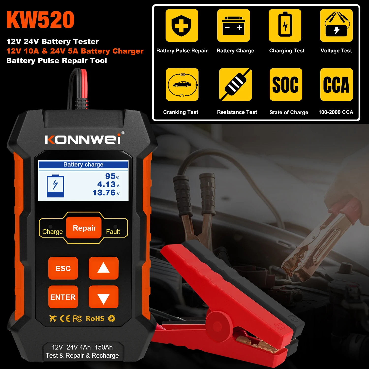 KONNWEI KW520 12V 24V 10A 5A Car Truck Battery Tester Bank Automotive ...