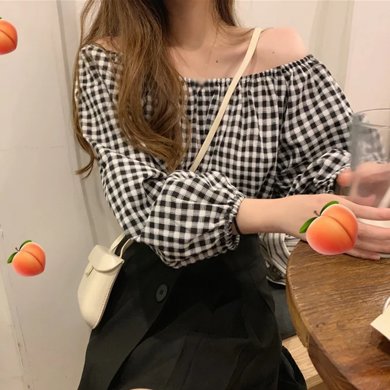Xadrez-sexy-feminino-fora-do-ombro-blusa-manga-longa-camisa-casual-de ...