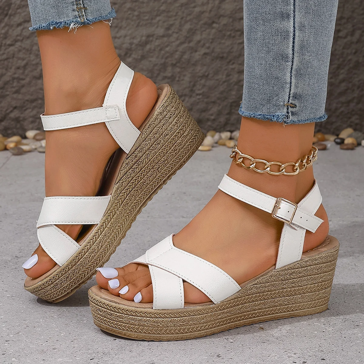 Women-s-White-Chunky-Platform-Sandals-Summer-2024-Buckle-Strap-Wedge ...