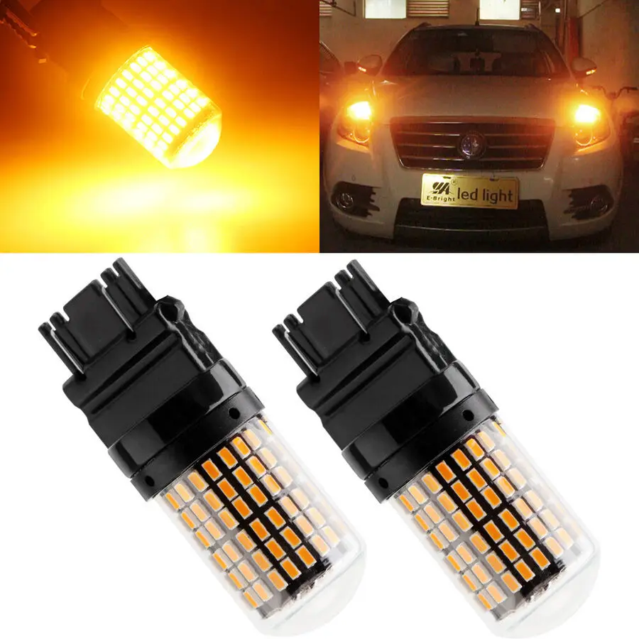 2Pcs Amber T25 3157 LED Canbus 3014 144SMD Error Free Car Brake Light ...