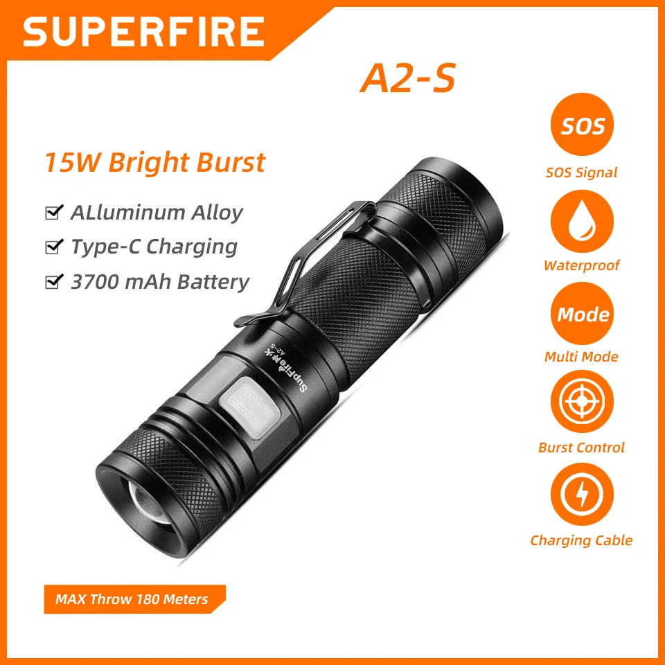 SUPERFIRE-A2-S-15W-Ultra-Bright-LED-flashlight-Zoomable-USB-C-Rechargeable-Camping-Fishing ...