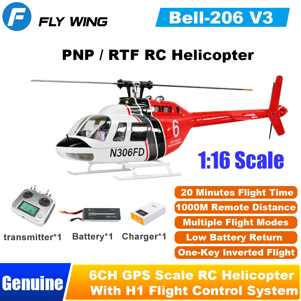 Flywing Bell 206 RC Helicopter V3 6CH GPS Altitude Hold Two Rotor 1:16 ...