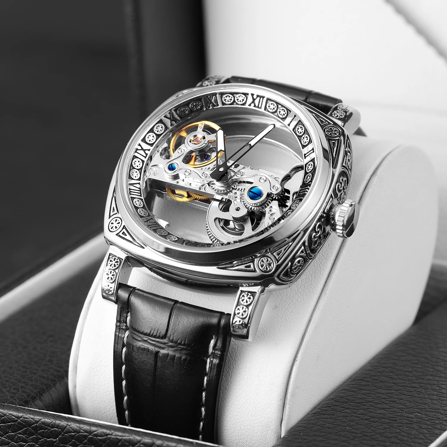 2024 Luxury Real Leather Belt Skeleton Automatic Men Watch Golden ...