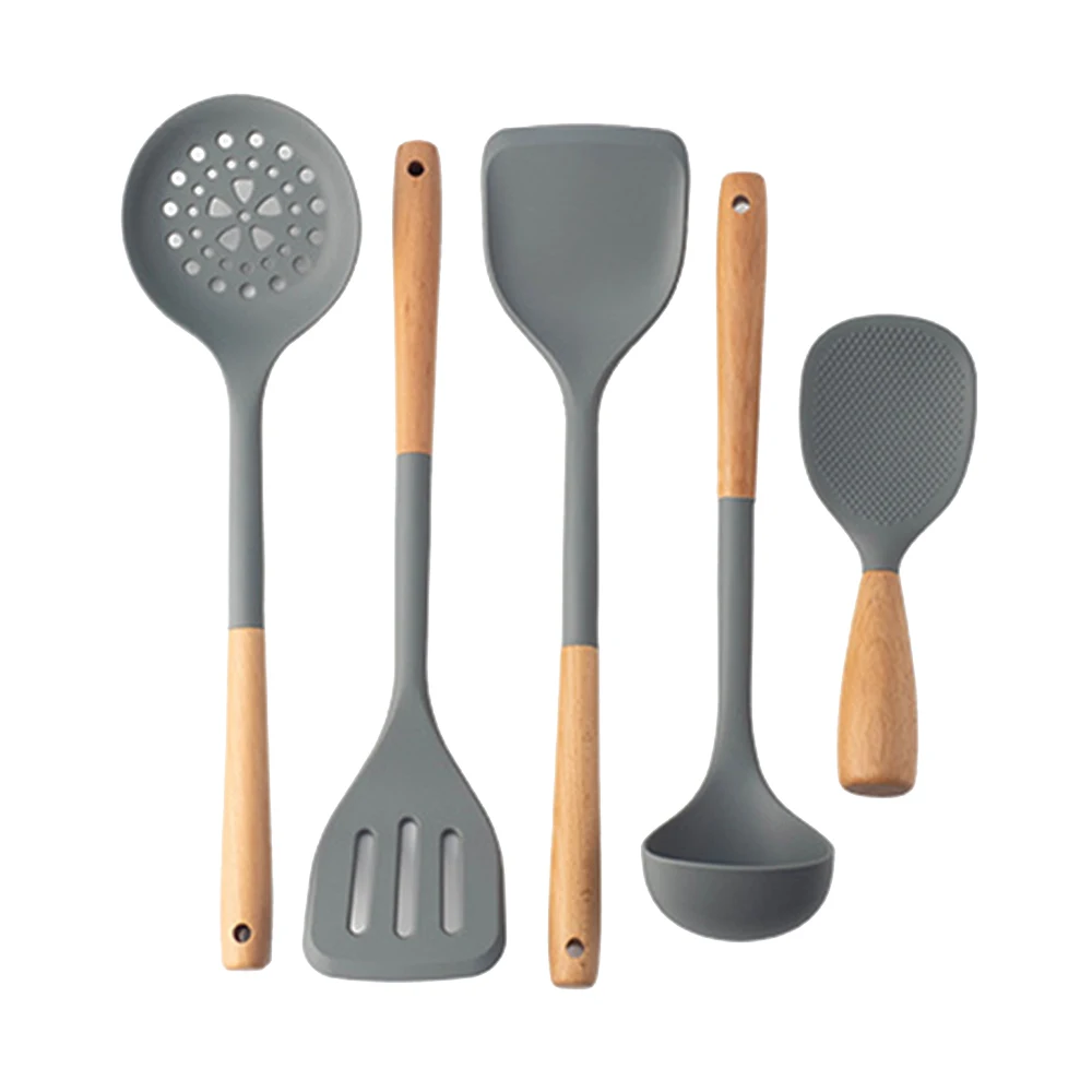 5Pcs-Grey-Wooden-Handle-Silicone-Cooking-Tool-Non-stick-Kitchen ...
