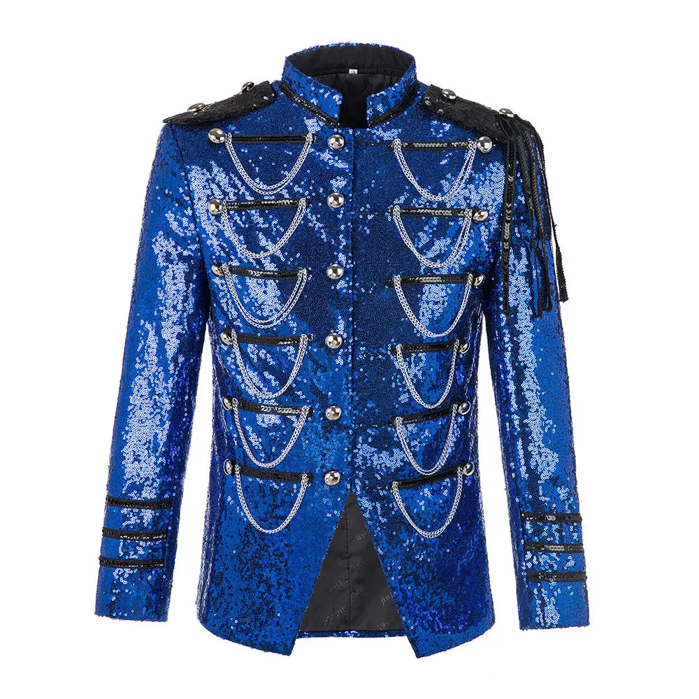 Men Royal Blue Sequin Blazer Jacket with Epaulette and Chains Glitter ...