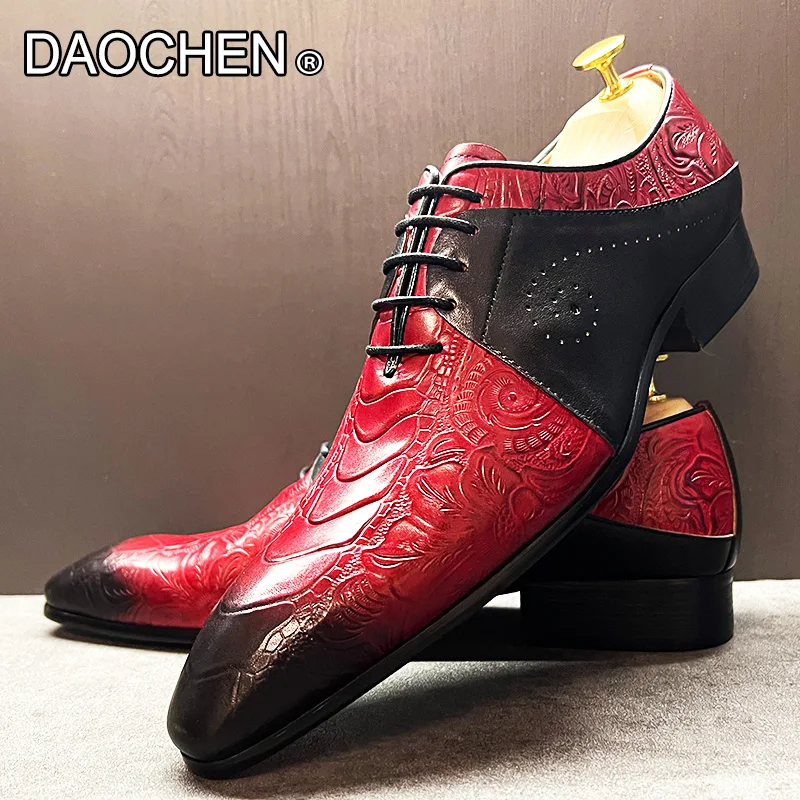 LUXURY BRAND MEN'S REAL LEATHER SHOES RED BLACK LACE UP POINTED TOE ...