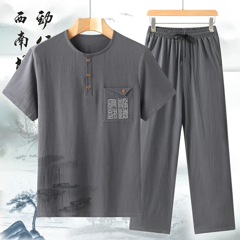 Chinese-style-Shirts-Pants-summer-100-Cotton-linen-Sportswear-Men-s ...