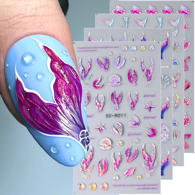 5D Shiny Mermaid Tail Nail Stickers Dreamy Bubble Sea Shell Star Ocean ...