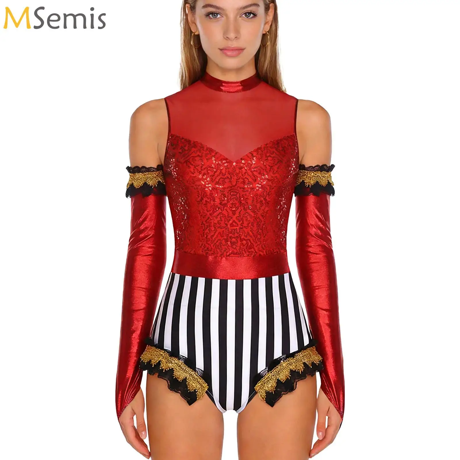 Womens Sequins Ruffled Trim Leotard Circus Ringmaster Costume Jumpsuit ...