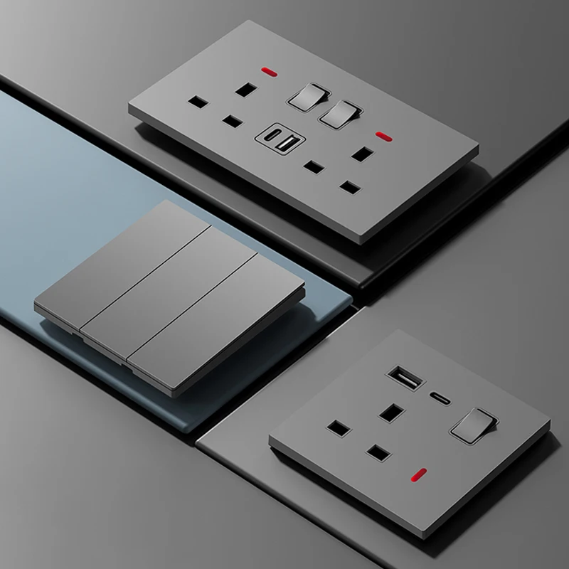 UK-Grey-13A-socket-Light-Switch-Universal-20W-Fast-Type-C-220V-Power ...