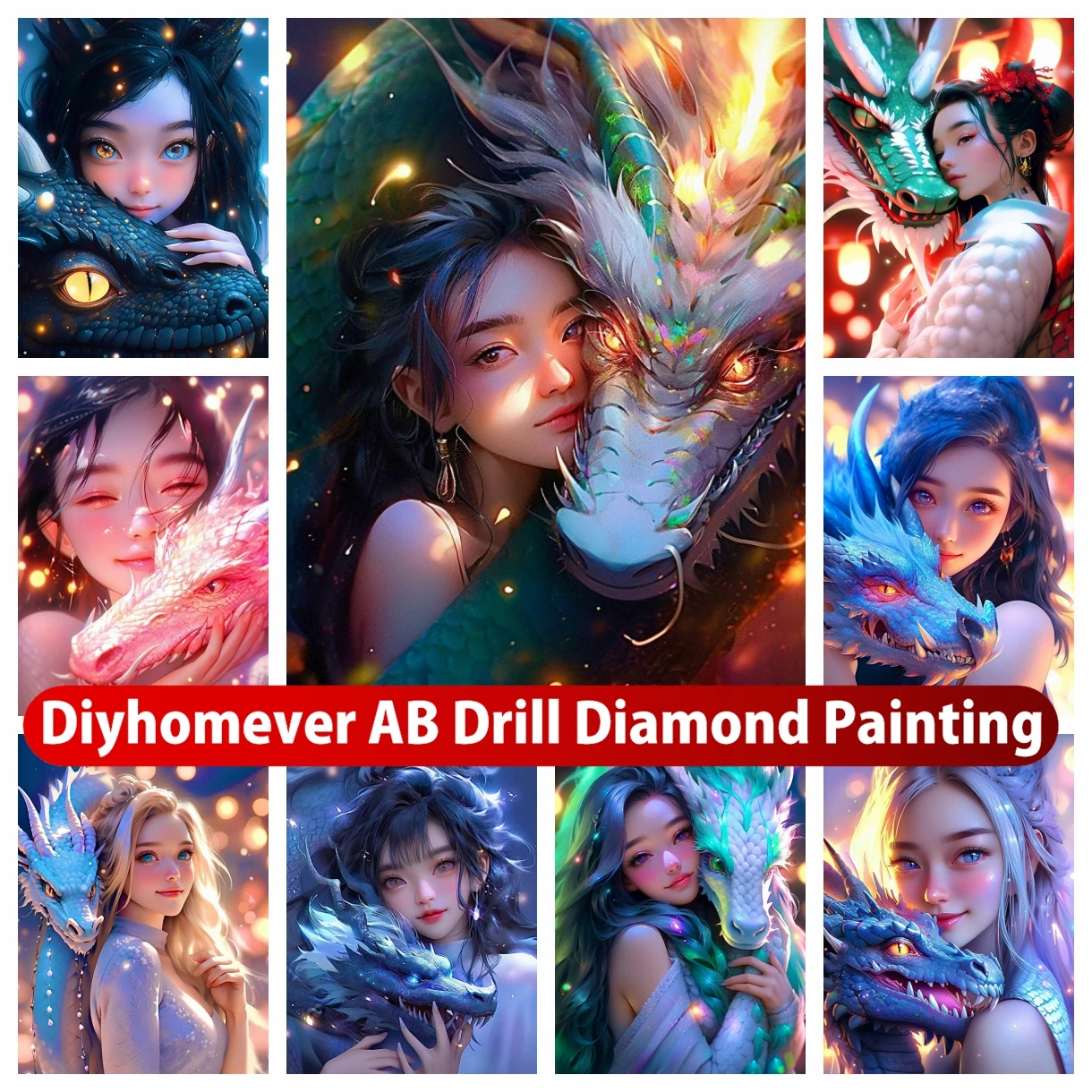 Dragon and Girl 5D DIY AB Drill Diamond Painting Embroidery Fantasy Cartoon Art Cross Stitch ...