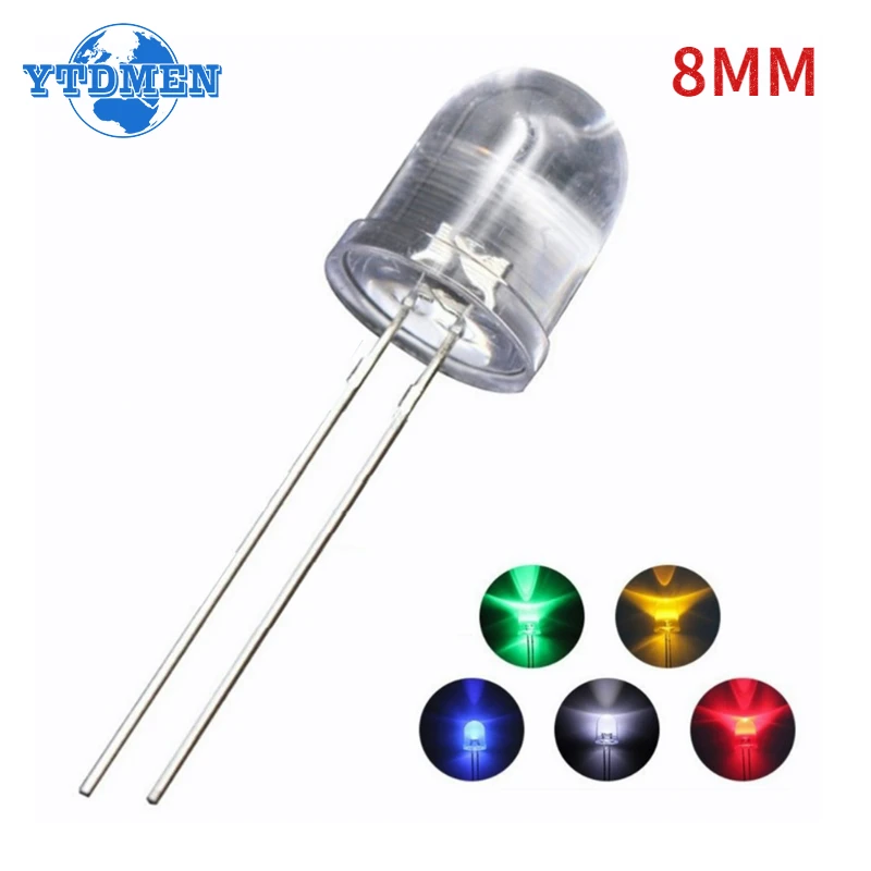 50PCS-8mm-LED-Diodes-Kit-Transparent-Light-Emitting-Diode-White-Yellow ...