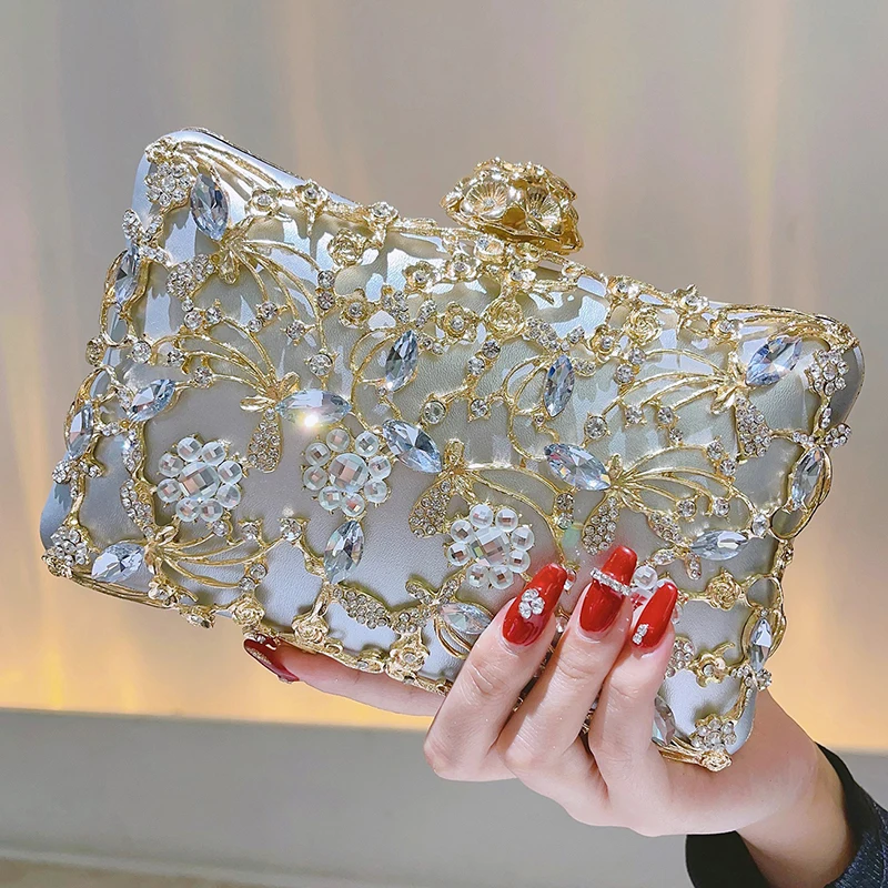 Hollow Rhinestone Evening Bag Elegant Box Clutch Purse Women's Handbags ...