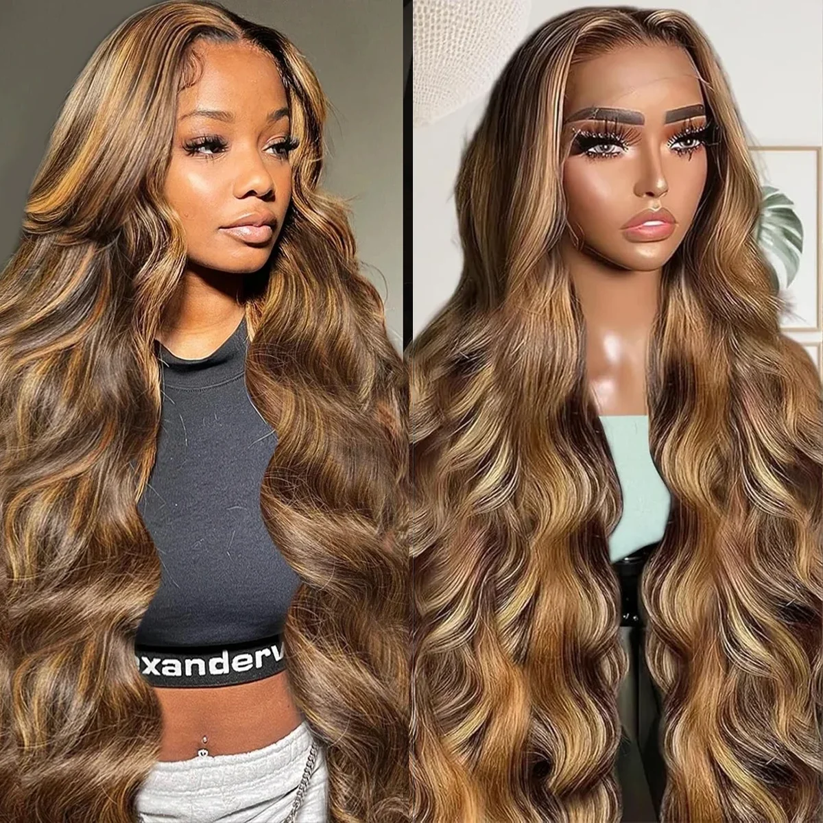 P4/27 Highlight 36 Inch 220% Density Body Wave 13x6 HD Transparent Lace ...
