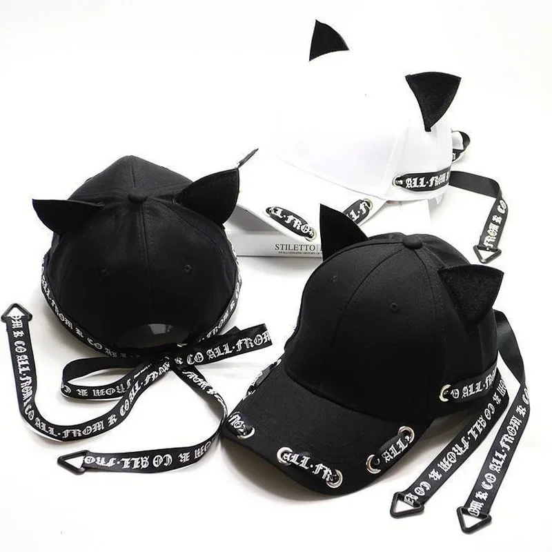 Punk-Long-Strap-Cap-Unisex-Cat-Ears-Baseball-Caps-Women-Streamer-Cap ...