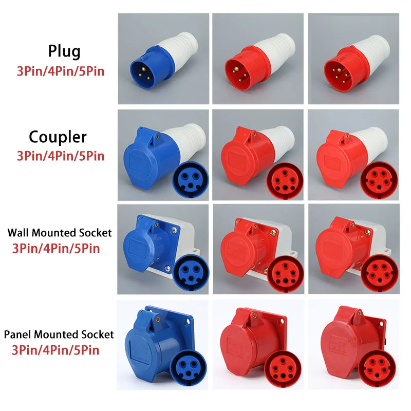 Conector eléctrico impermeable de 5 pines, 3P + E + N, 16A, IP44, 220V ...