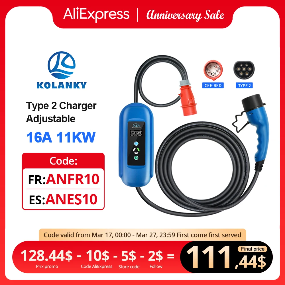 Mobile-EV-Charger-16A-11KW-Type-2-IEC-62169-Plug-Adjust-Current-Timer ...