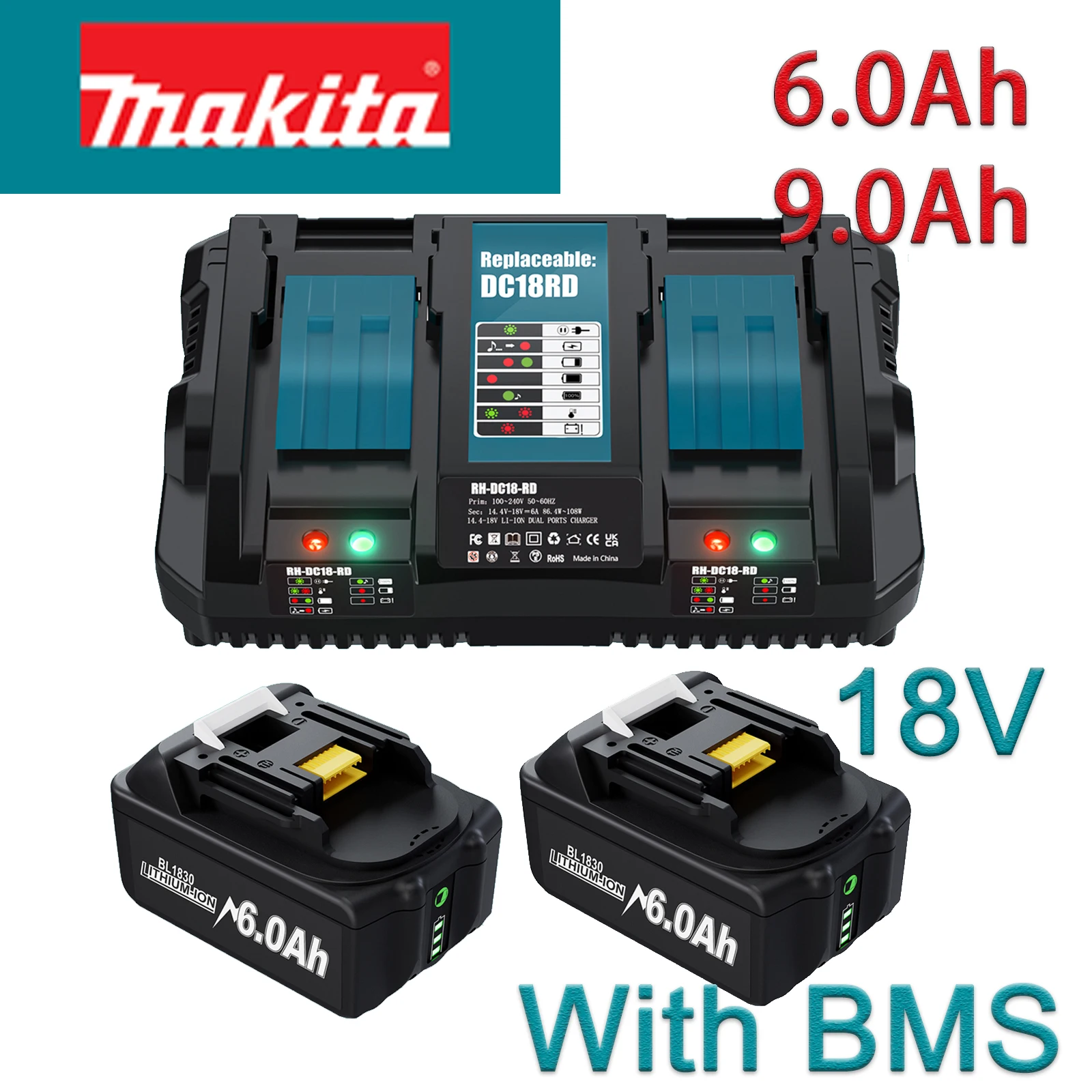 Batteria-18V-6Ah-Makita-con-sostituzione-LED-agli-ioni-di-litio-LXT-BL1860B-BL1860-BL1850 ...