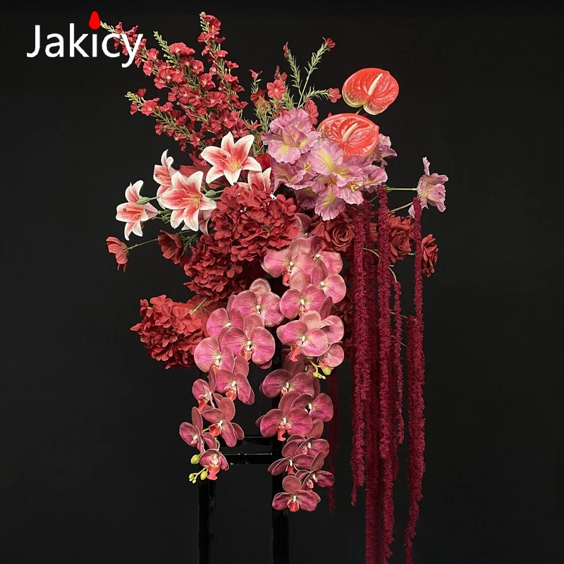 Artificial Red Hot Pink Rose Wedding Arch Hang Flower Row Road Lead ...