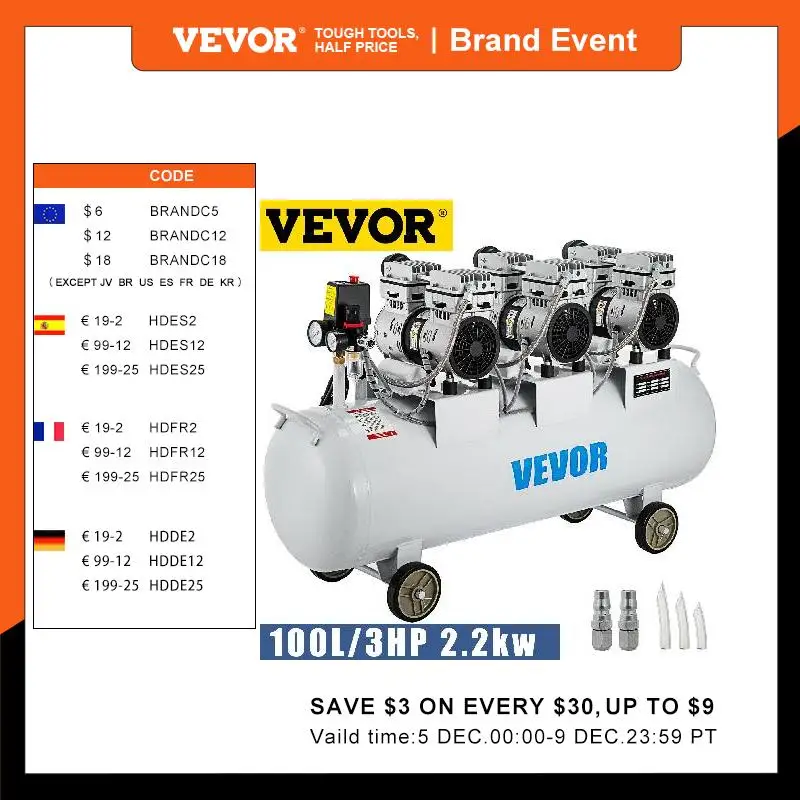 Vevor 100l Air Compressor With Twin Pressure Gauge Safe Solenoid Valve ...