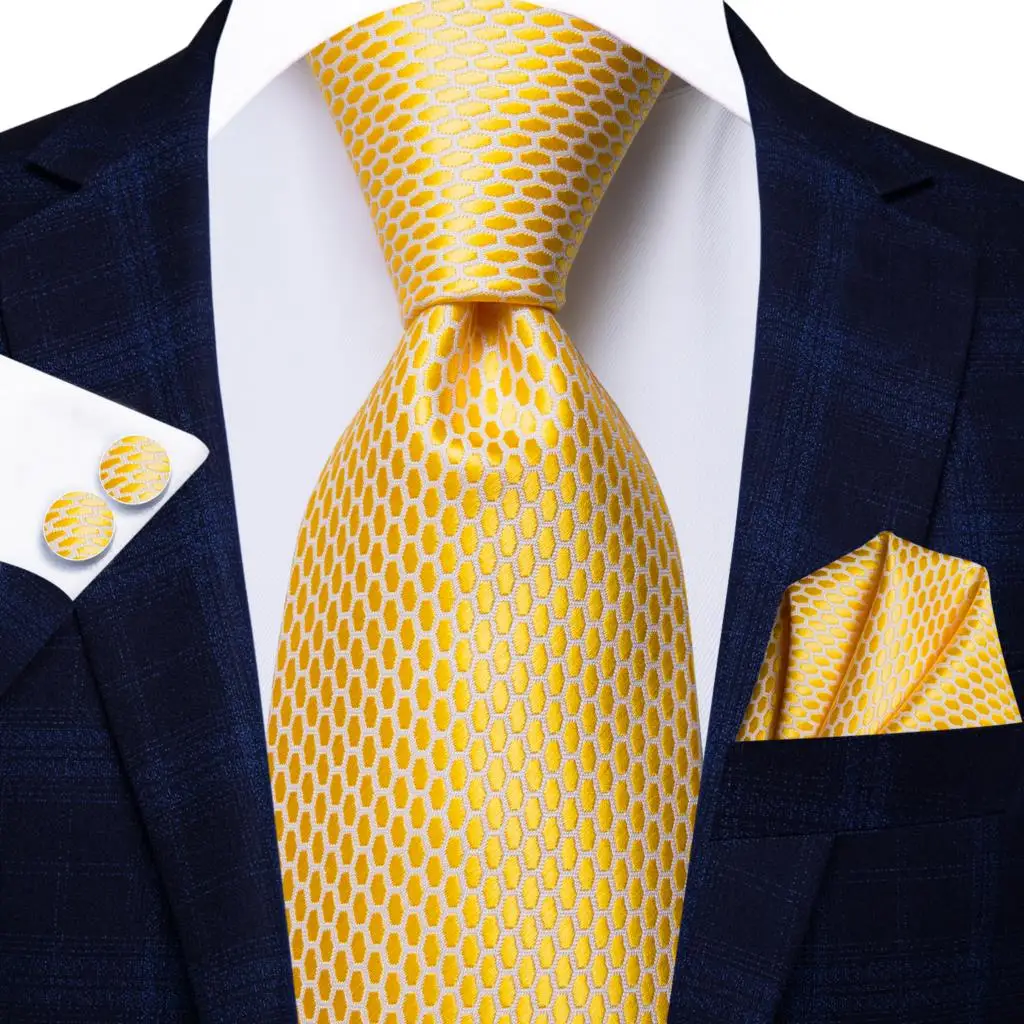 Yellow Solid Plaid Designer Silk Wedding Tie For Men Handky Cufflink ...
