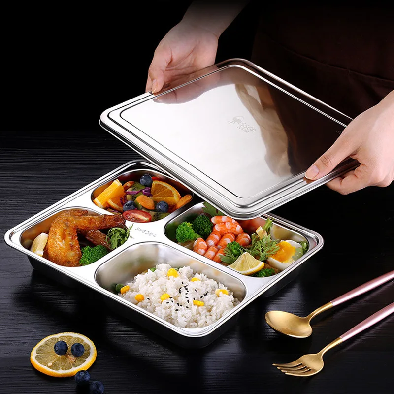 304 Stainless Steel Divided Dinner Plate With Lid Lunch Box Fast Food ...